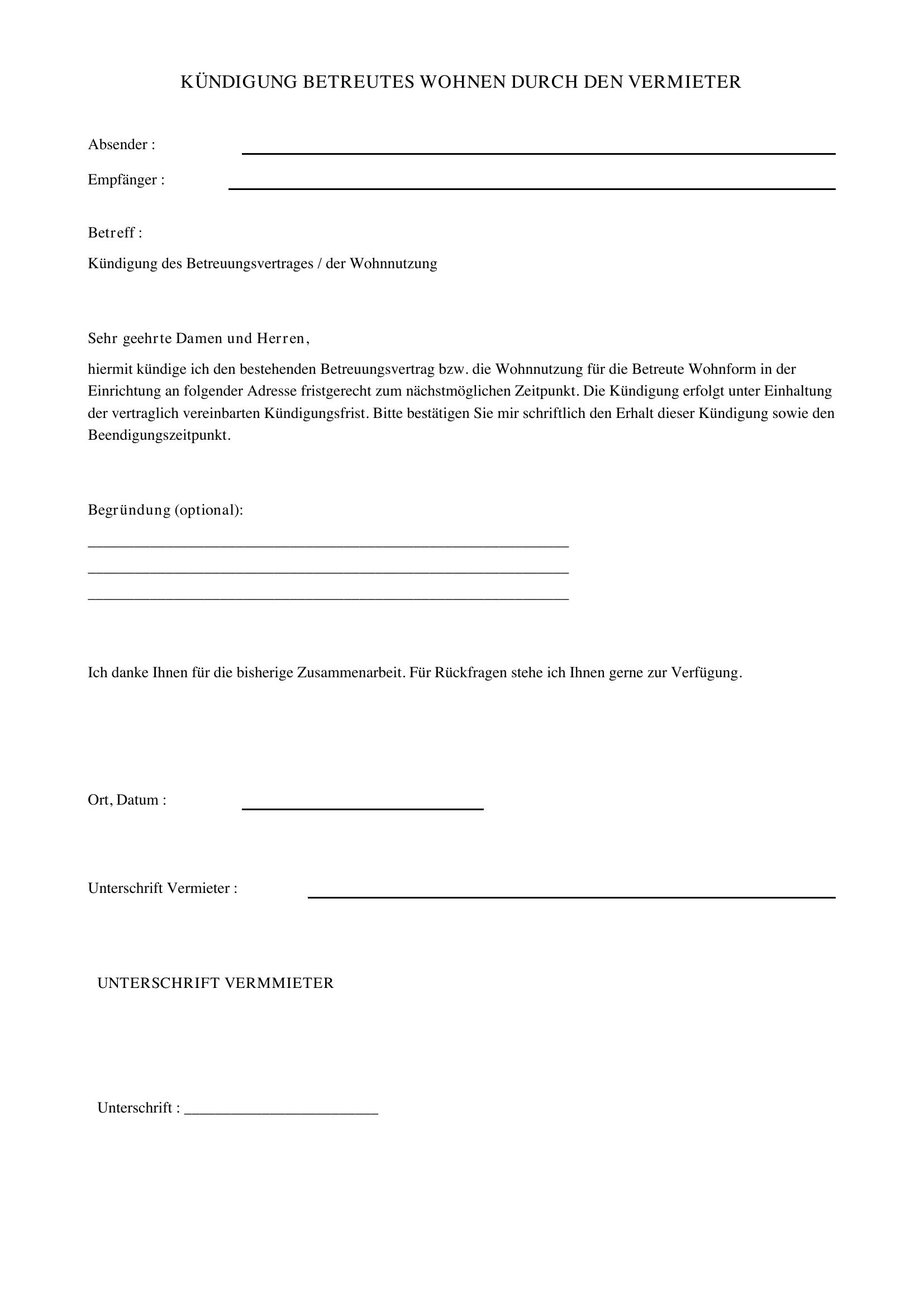 Kã¼ndigung Betreutes Wohnen Muster