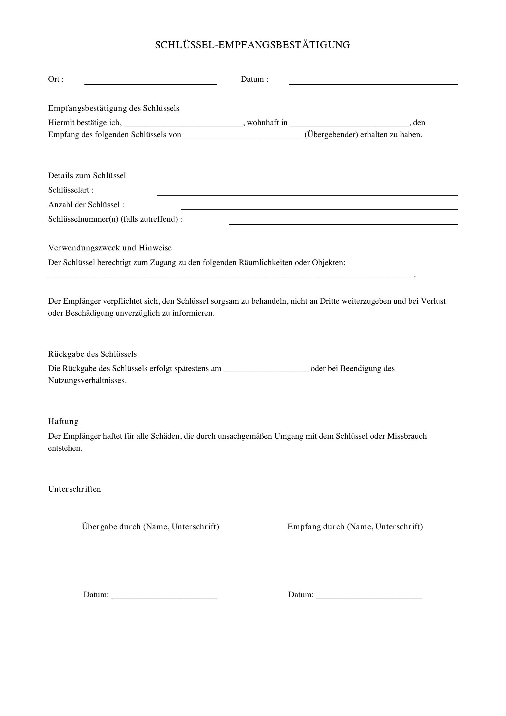Schlussel Empfangsbestatigung Muster Pdf