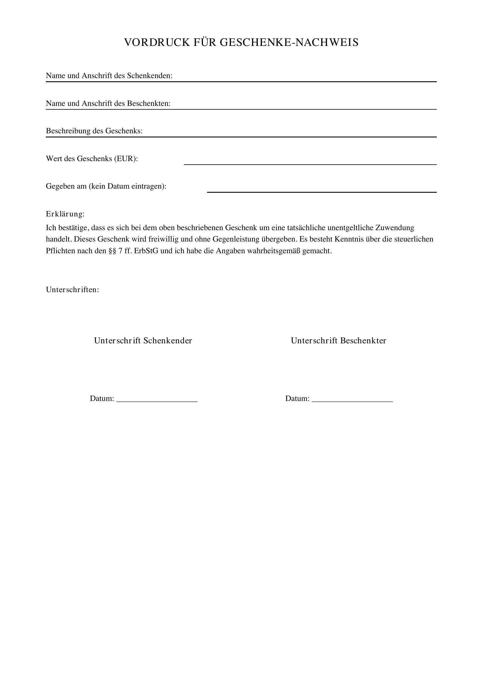 Vordruck Geschenke Nachweis